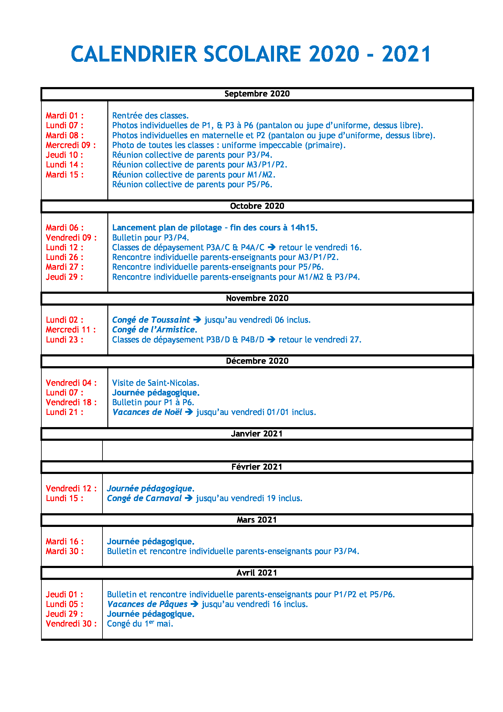 Calendrier scolaire - Notre-Dame des Champs | Ecoles fondamentale et ...